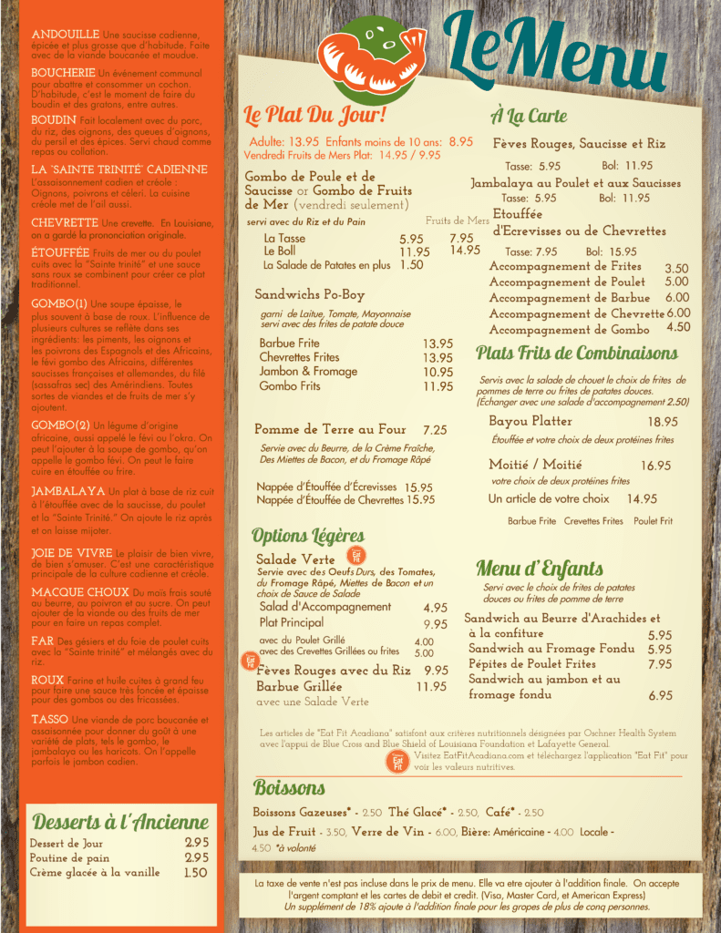 Menu | Vermilionville