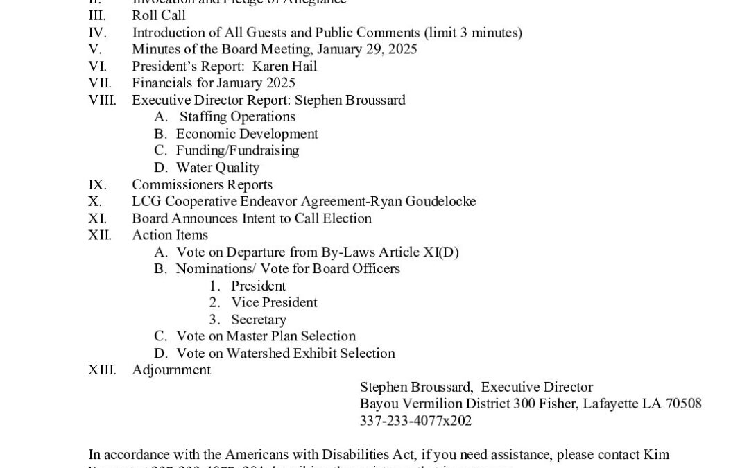 Agenda February 26 2025 Regular Board Meeting Vermilionville