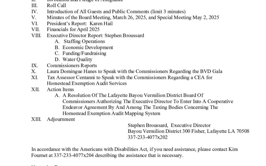Agenda May 28 2025 Regular Board Meeting Vermilionville